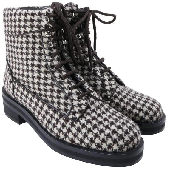 CHANEL | Shoes | Brown Tan Houndstooth Tweed Lace Up Winter Boots ...